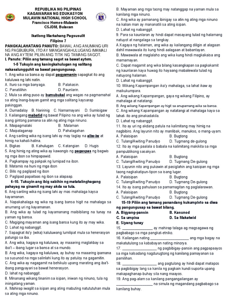 Ikatlong Markahan Filipino 7 | PDF