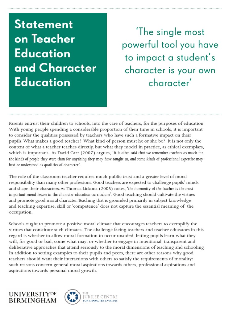 Statement On Teacher Education and Character Education | PDF | Teacher ...