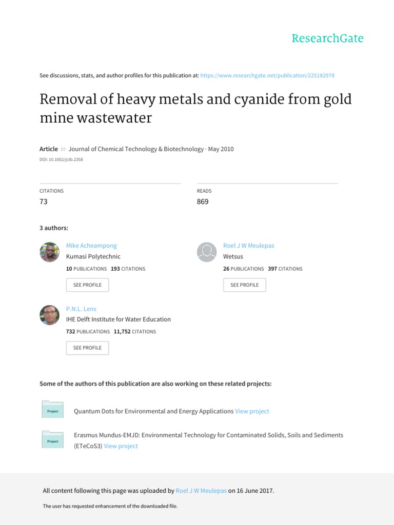 Removal of Heavy Metal in Gold Mine Waste Water | PDF | Ion Exchange ...