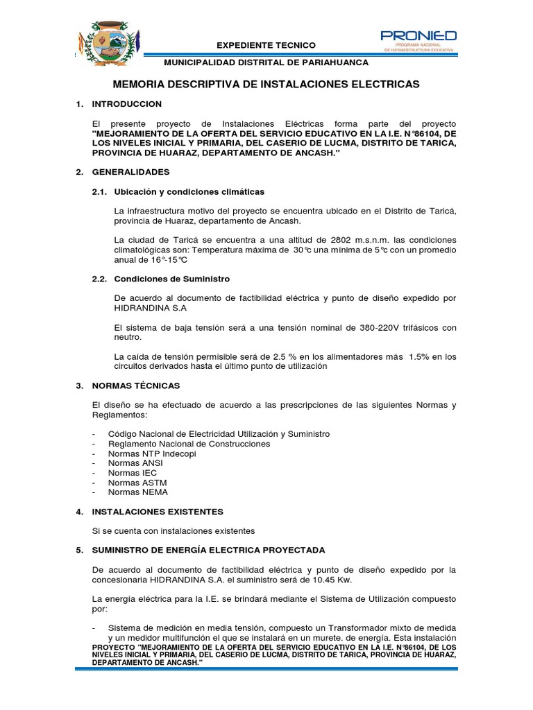 Memoria Descriptiva de Instalaciones Electricas | PDF | Diodo emisor de luz | Corriente eléctrica