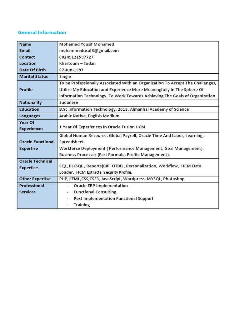 Mohamed Yousif - Oracle Fusion HCM - CV | PDF | Oracle Corporation ...