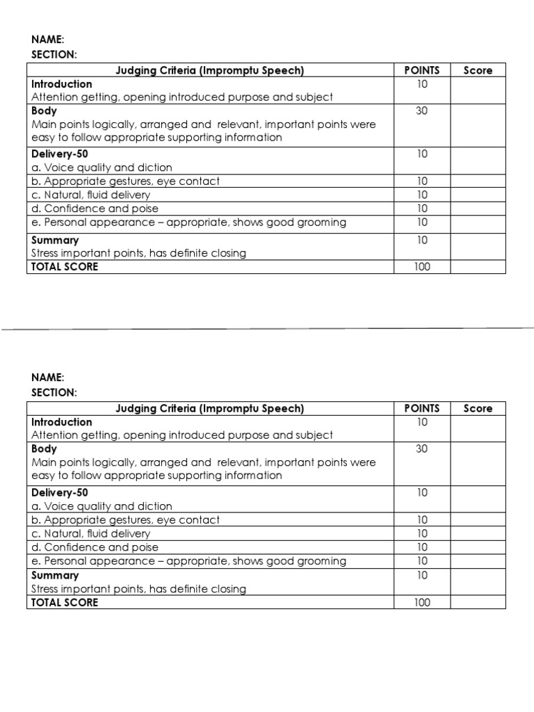 Impromptu and Speech Choir Judging Criteria | PDF | Career & Growth