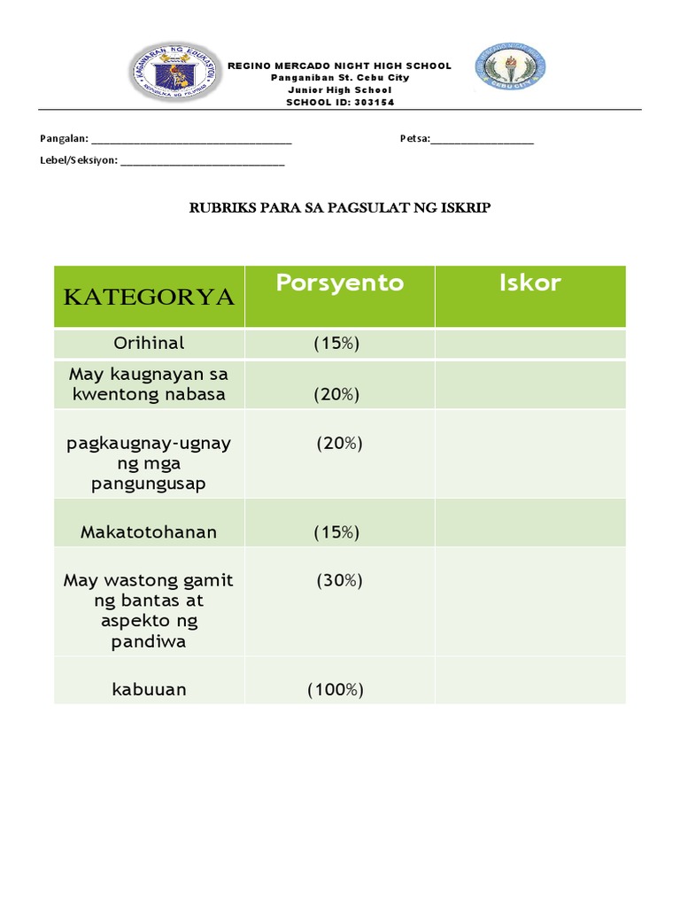RUBRIKS PARA SA PAGSULAT NG Iskrip | PDF