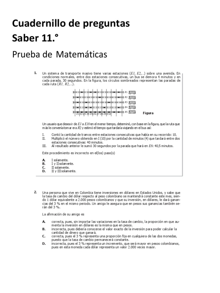 Cuadernillo de Preguntas Saber 11 - Matemáticas. Resuelto. | PDF