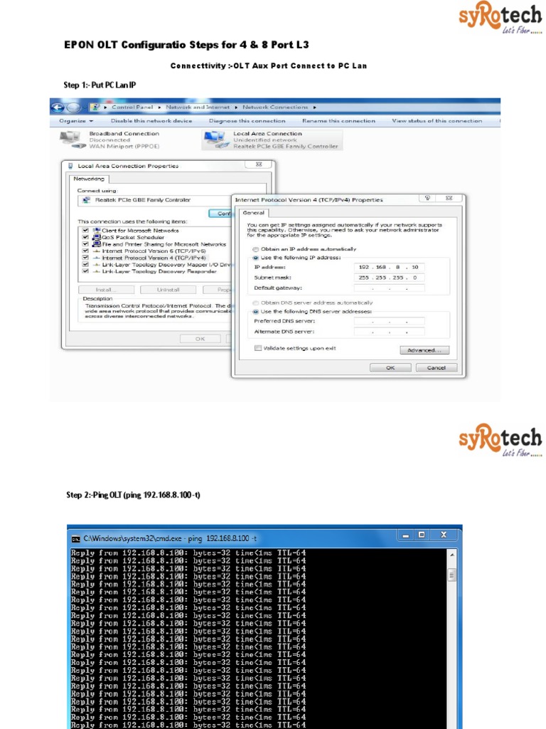 8 & 4 Port L3 OLT Configuration Steps For BSNL | PDF