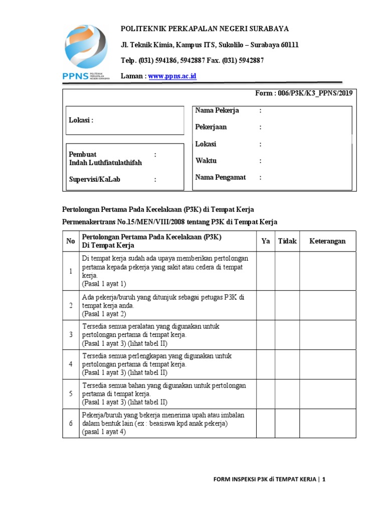 Form Inspeksi P3K | PDF