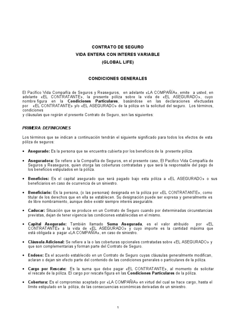 Contrato de Seguro Vida Entera Variable | PDF | Póliza de seguros ...