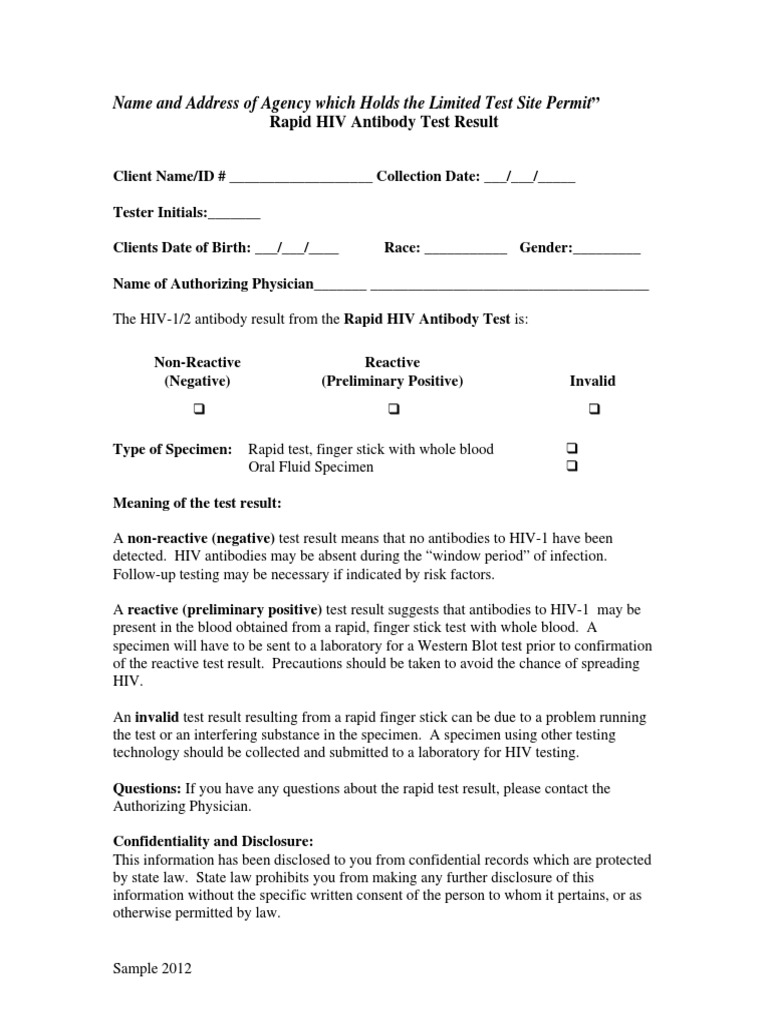 Rapid HIV Test Result Sample Form | PDF | Self-Improvement | Science ...