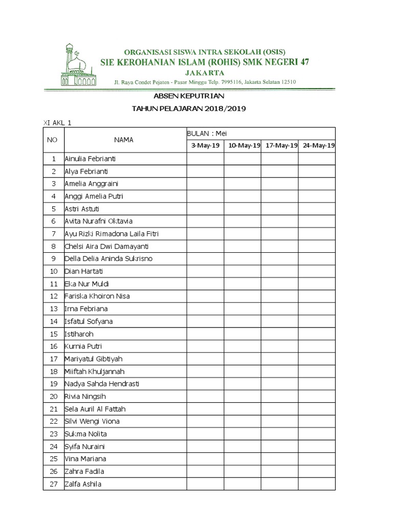 Absen Murid Keputrian Bulan Mei | PDF