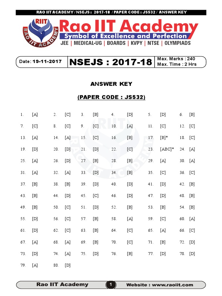 Final - NSEJS-2017-18 - Answer Key - 19-11-17 - CODE-JS532 PDF | PDF