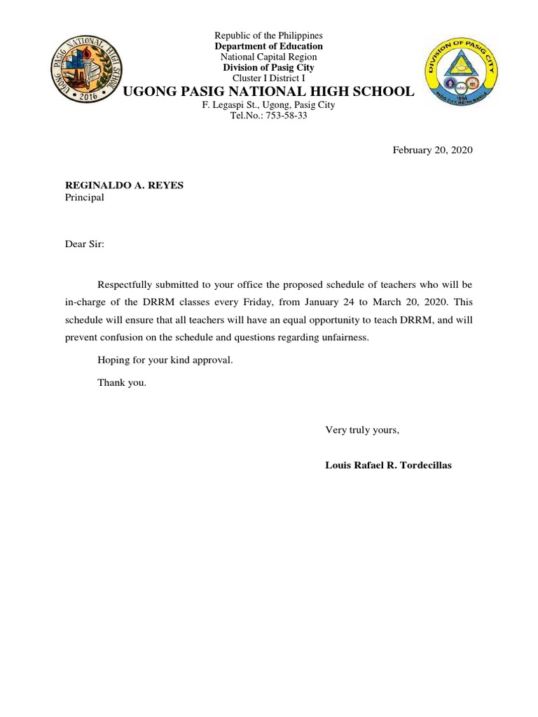 Letter DRRM Schedule Proposal PDF | PDF