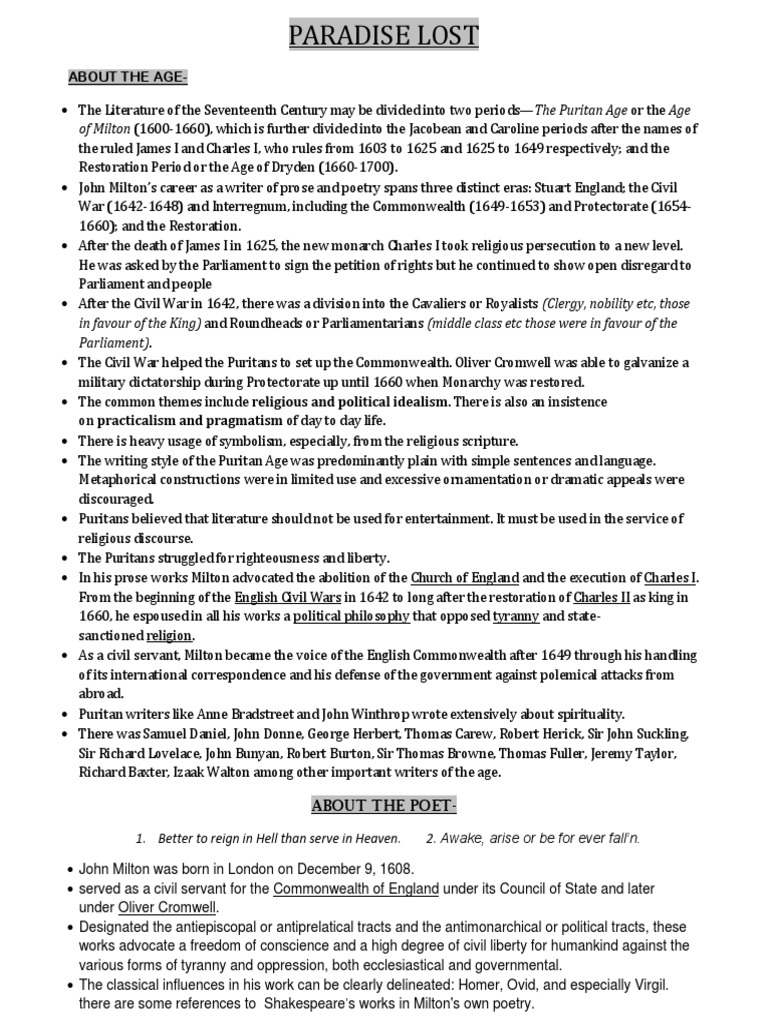 Detailed Analysis of Paradise Lost. SUMMARY AND BACKGROUND OF JOHN ...