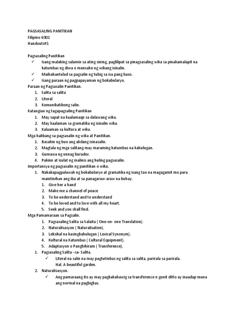 PAGSASALING PANITIKAN Handouts 1 by Roe | PDF