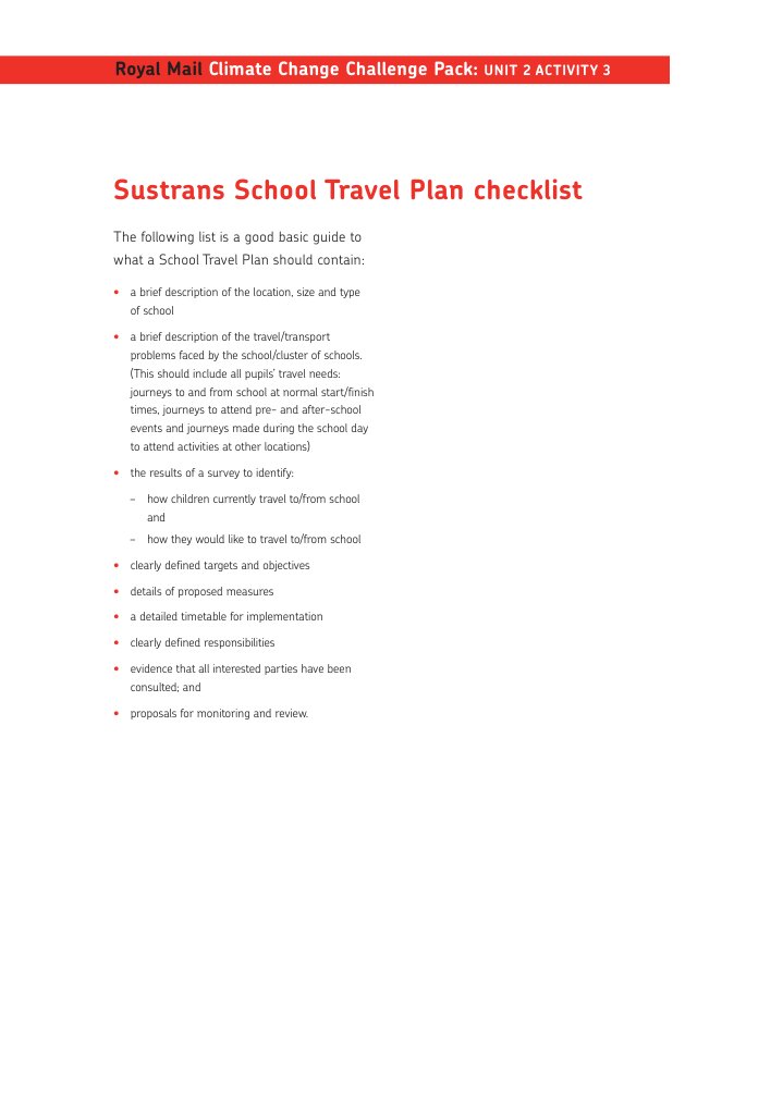 Sustrans School Travel Plan Checklist: Royal Mail | PDF