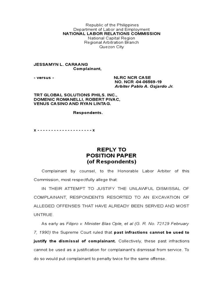 REPLY To Respondents Position Paper - Jessamyn Caraang | PDF | Law