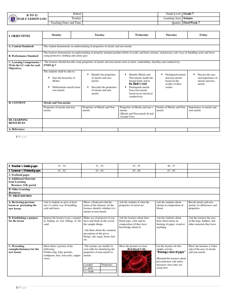 Grade 7 Science DLL: Metals & Non-Metals | PDF