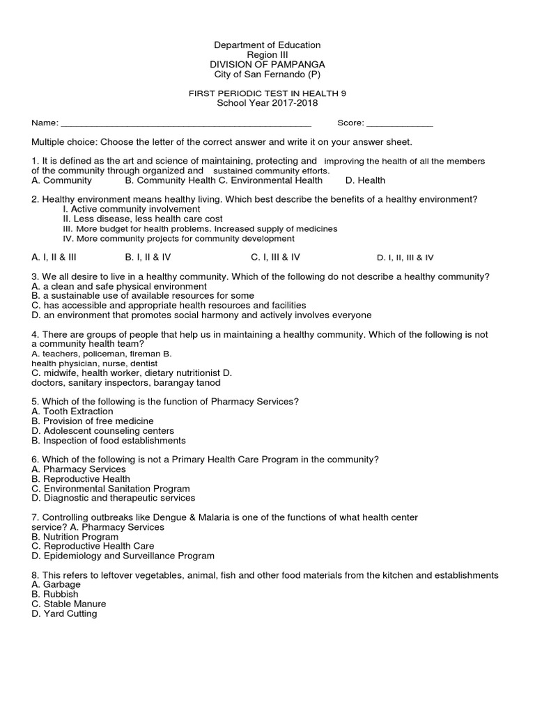 GRADE 9 Health FIRST PERIODIC TEST S.Y. 2017 2018 | PDF