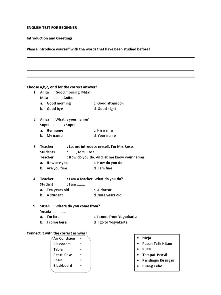 English Test For Beginner | PDF