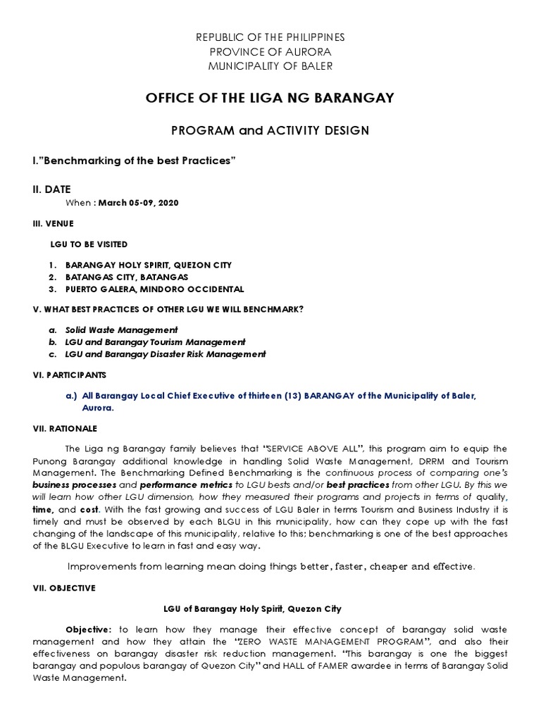 Barangay Pingit Benchmarking Activity Design | PDF