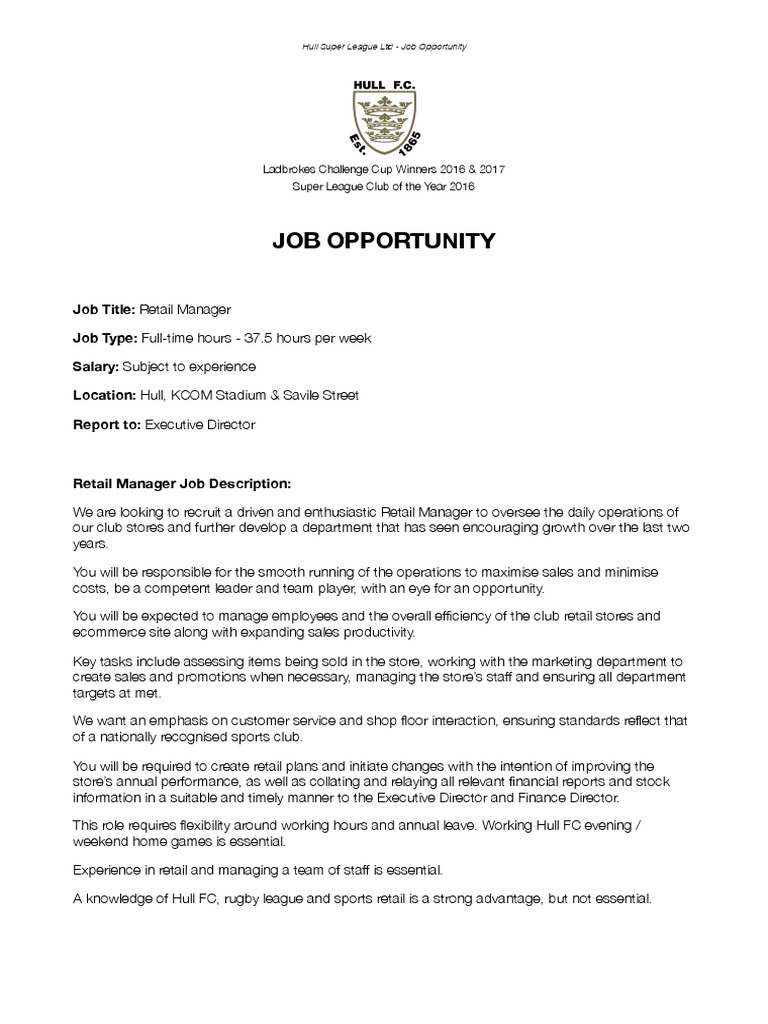 Retail Manager Job Description | PDF