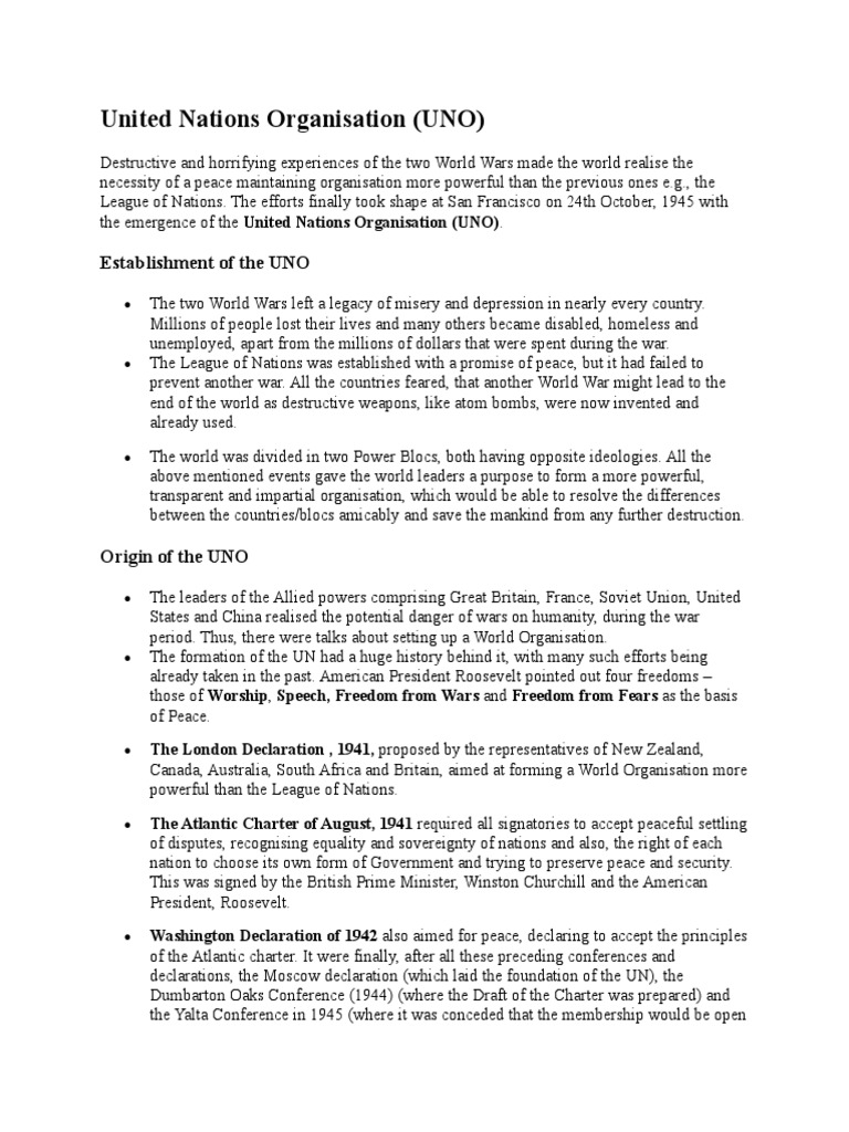 Establishment of the United Nations Organisation (UNO | PDF