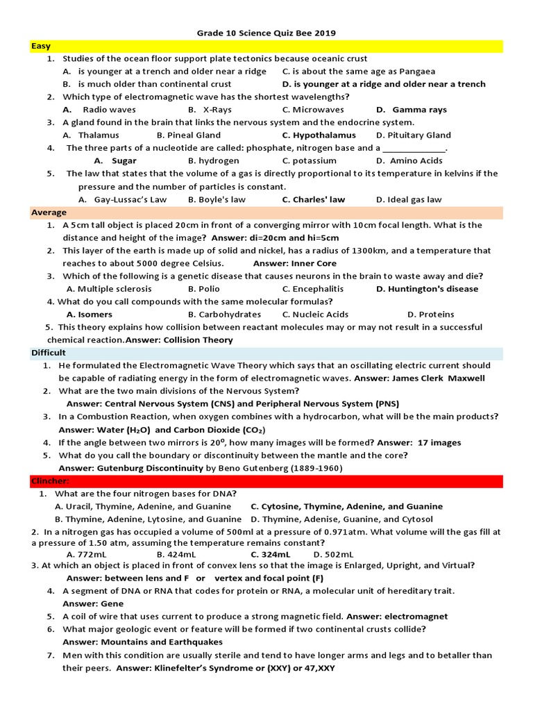 Grade 10 Science Quiz Bee 2019 | PDF