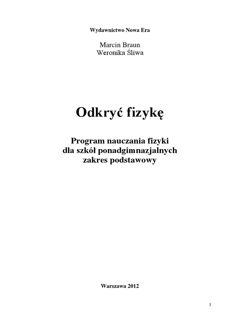 Program Nauczania Fizyki Odkryc Fizyke Dla Szkol Ponadgimnazjalnych Zakres Podstawowy | PDF
