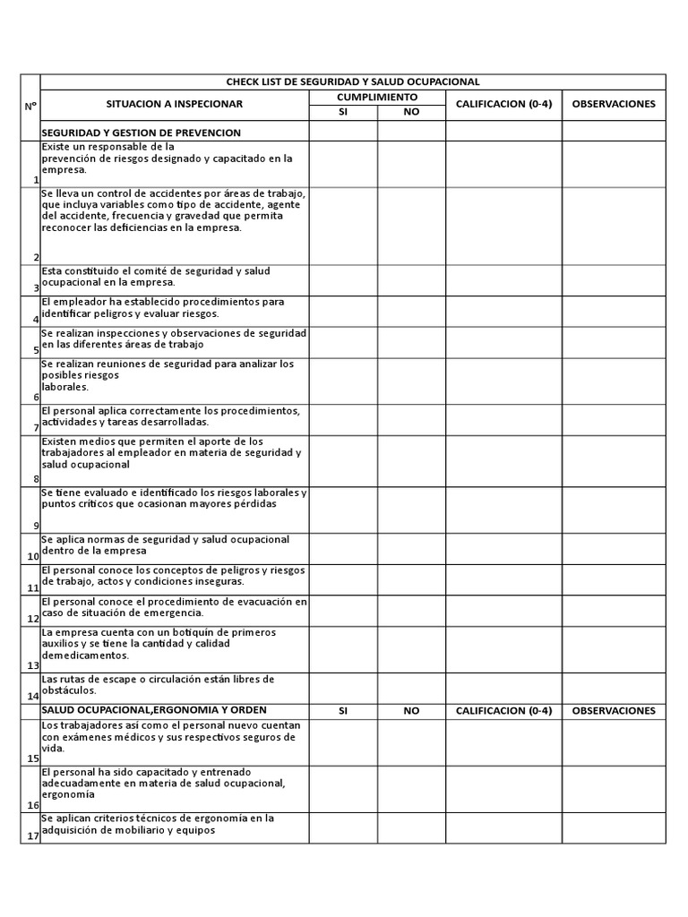 Check List de Seguridad y Salud Ocupacional | PDF