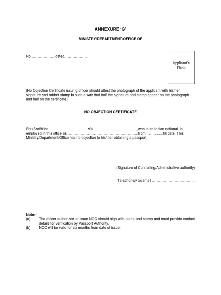 No Objection Certificate Annexure G | PDF | Finance & Money Management ...