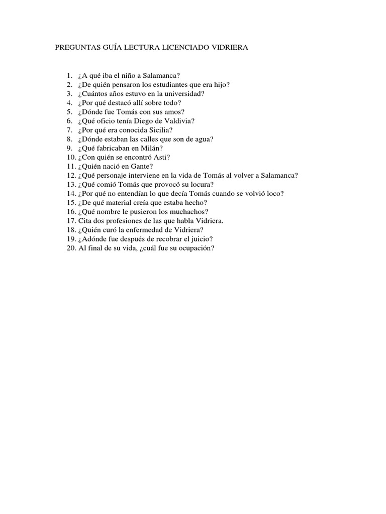Preguntas Guía Lectura Licenciado Vidriera | PDF