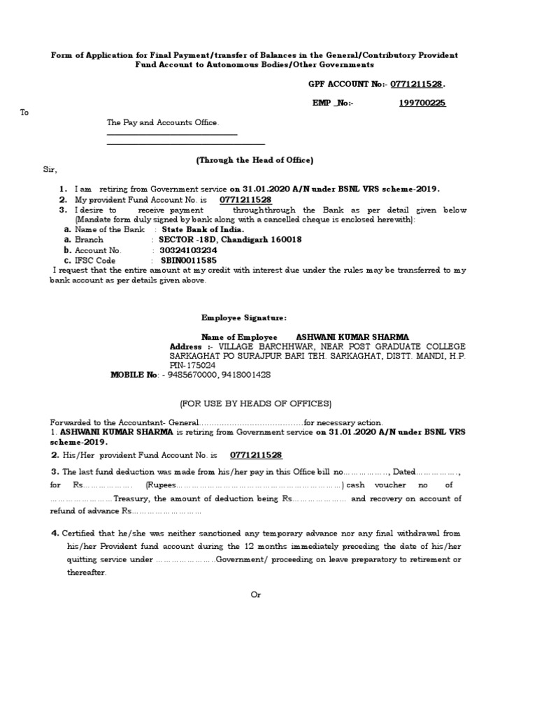 Form For GPF Final Payment Upon Retirement | PDF
