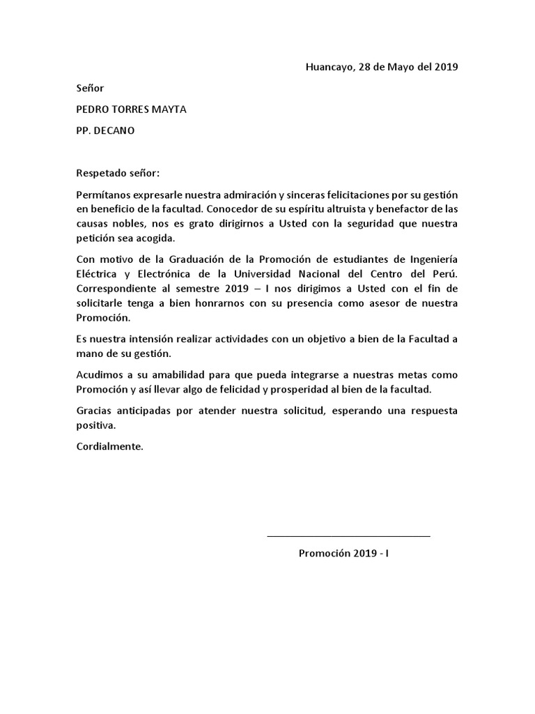 Solicitud de presencia de Decano en graduación de Ingeniería Eléctrica ...