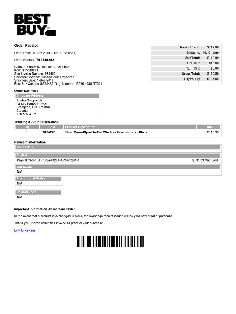 Best Buy Canada Order Receipt | PDF