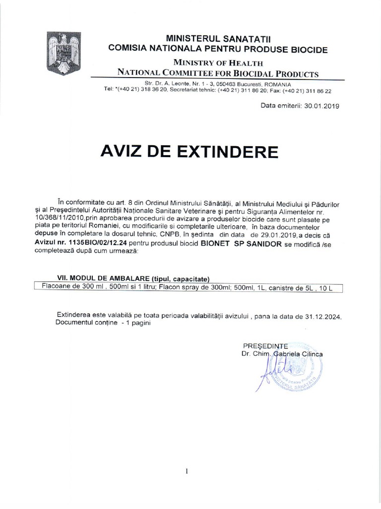 Aviz Extindere BIONET SP SANIDOR | PDF