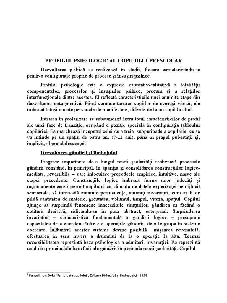Profilul Psihologic Al Copilului Preşcolar | PDF