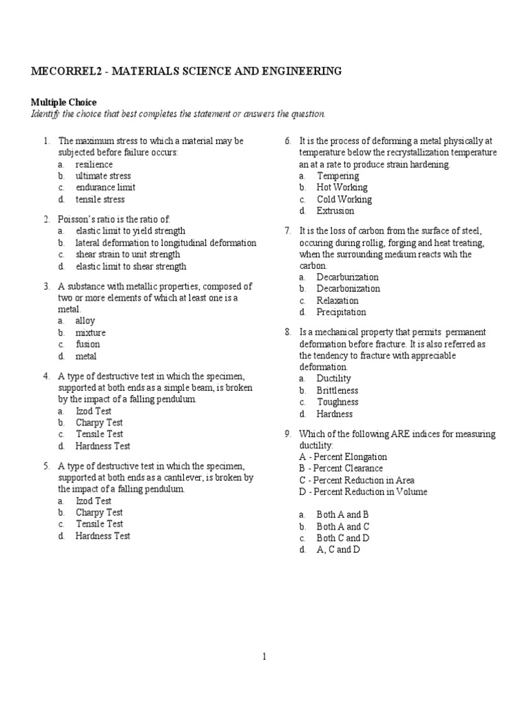 Materials Science MCQ Practice Test | PDF
