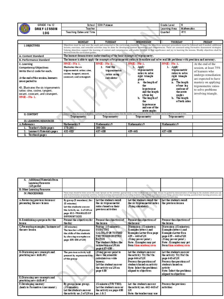 Grade 9 Math DLL: Trigonometry Week 1 | PDF