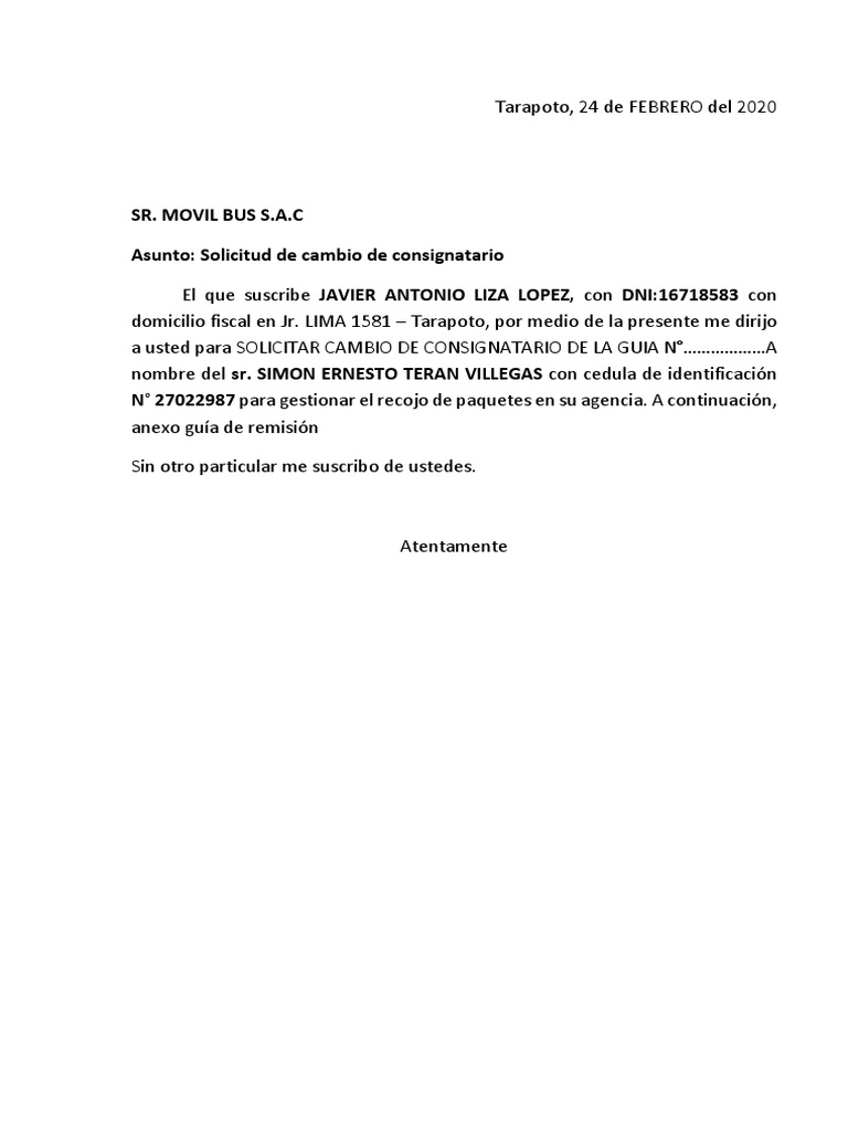 Solicitud de Cambio de Consignatario | PDF | Finanzas y dinero | Derecho