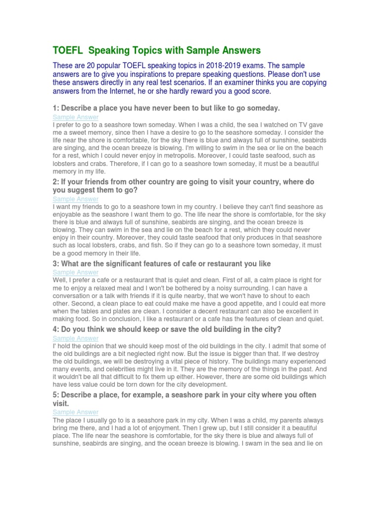 TOEFL Speaking Topics With Sample Answers | PDF