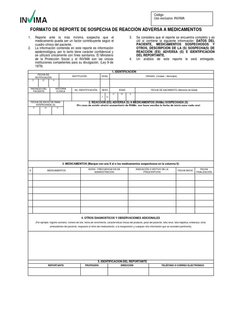 9 FORMATO Reporte REACCIONES Adversas Medicamentos PDF | PDF