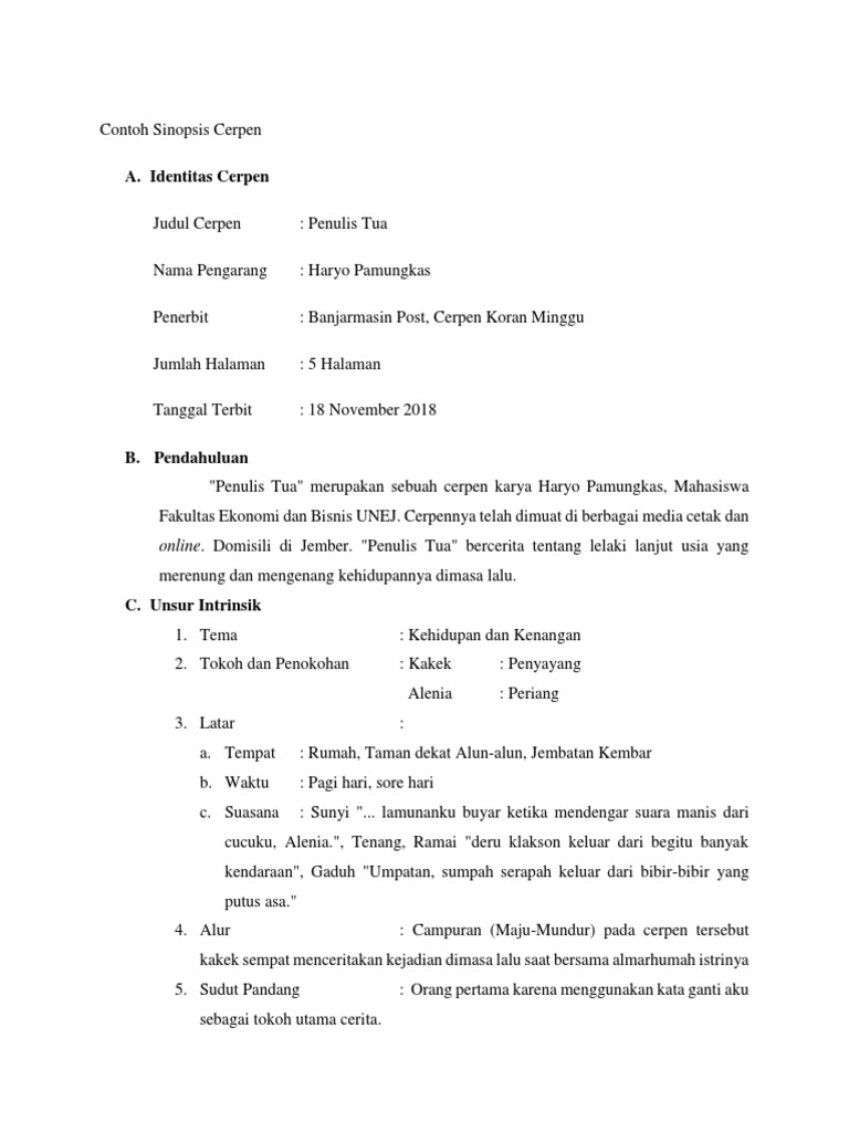 Contoh Sinopsis Cerpen | PDF