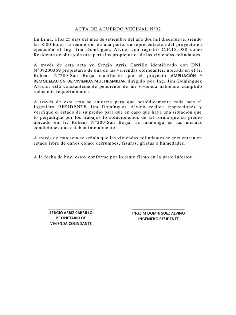 Acta de Acuerdo Vecinal N2 | PDF