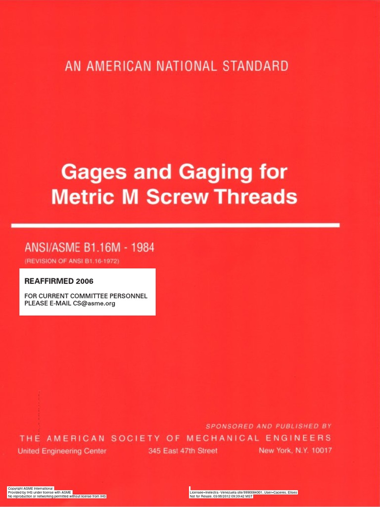 ANSI ASME B1 16M 1984 Gages and Gaging For Metric M Screw Threads PDF | PDF