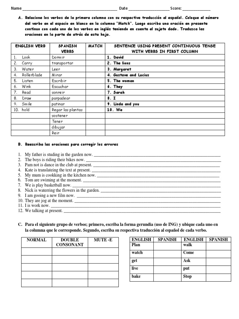 RECUPERACION Examen Presente Continuo Gramatica | PDF | Idiomas