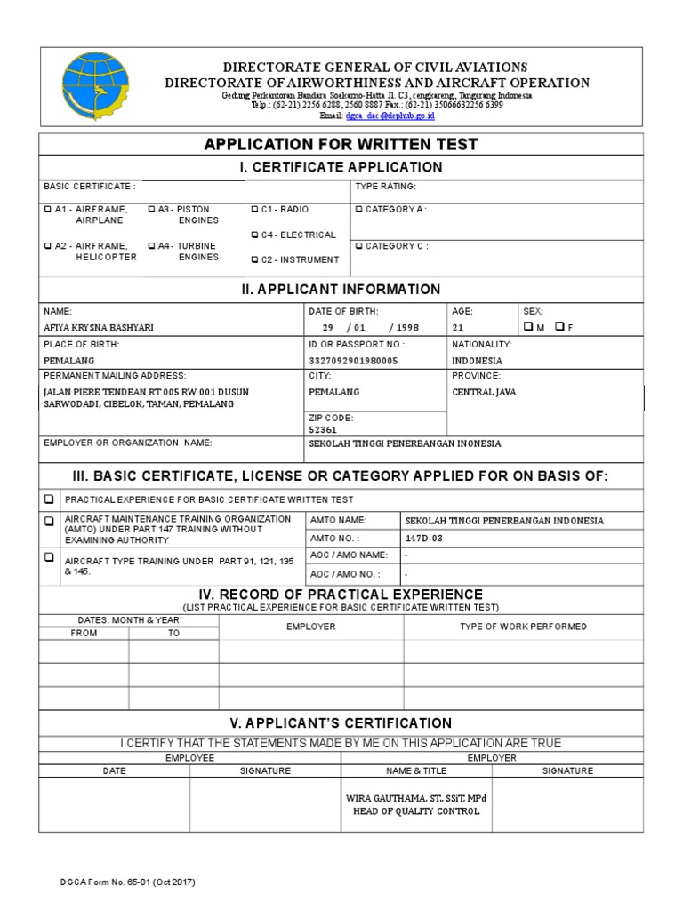 Revisi DGCA Form No. 65-01 Application For Written Test | PDF ...