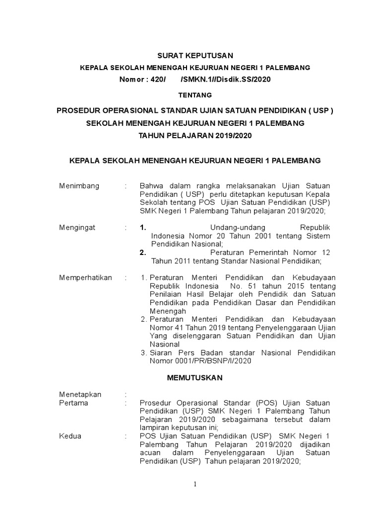 Pos Usp SMK Negeri 1 Palembang 2020 | PDF