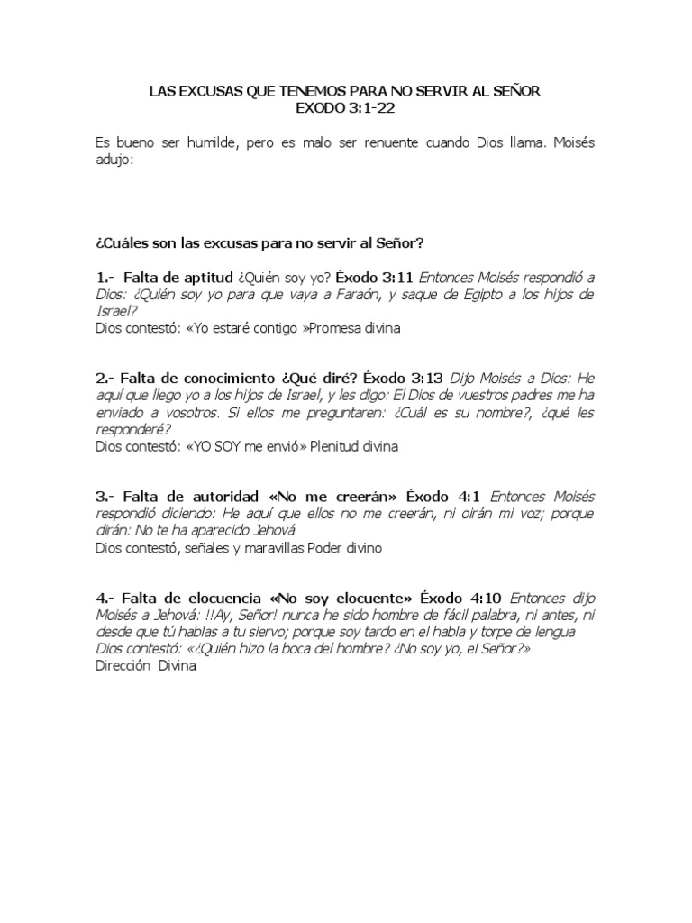 Enseñanza Las Excusas Que Tenemos para No Servir Al Señor | PDF