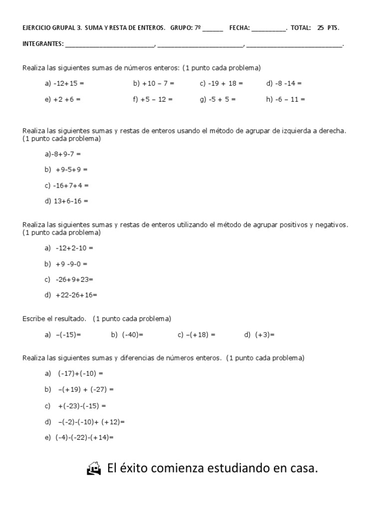 EJERCICIO GRUPAL 3 Suma y Resta de Enteros | PDF