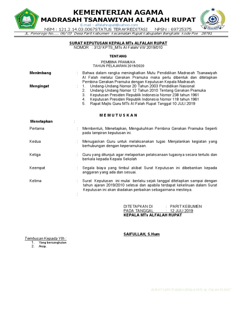 Contoh SK Pembina Pramuka | PDF