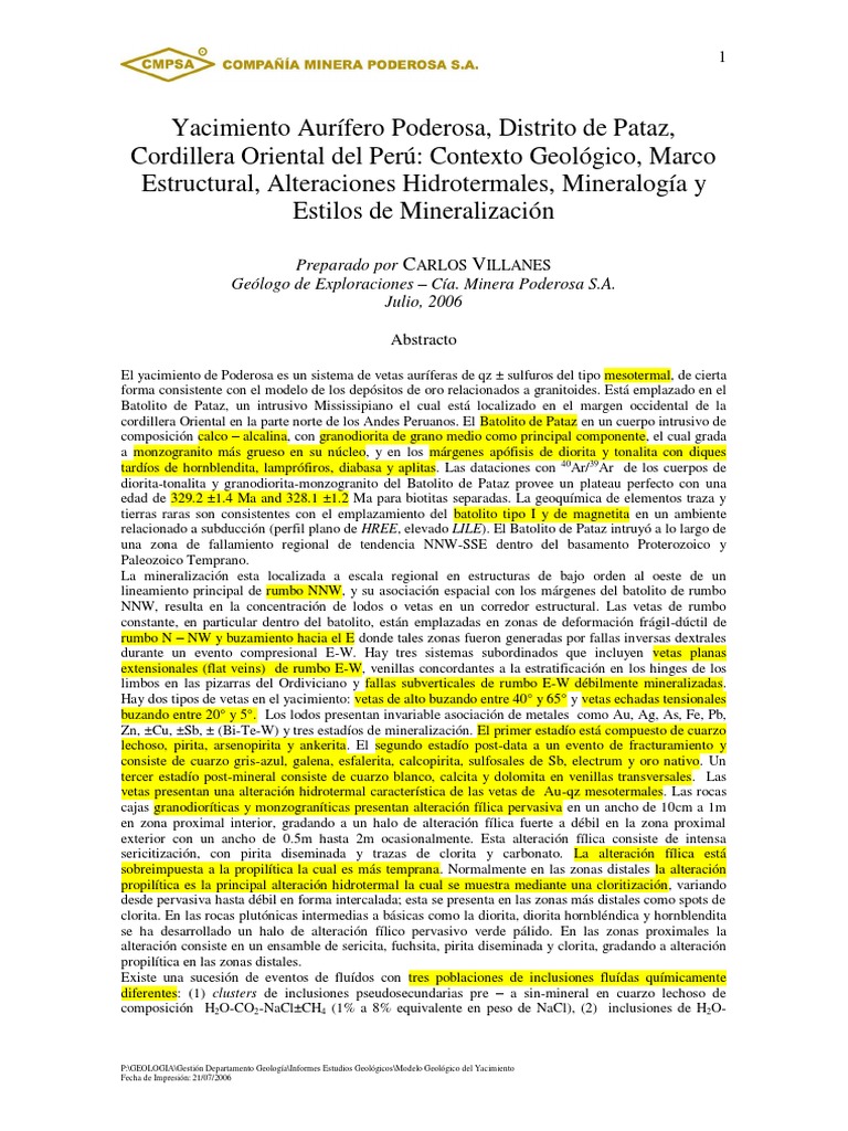 Modelo Geológico Yacimiento Poderosa | PDF | Andes | Granito